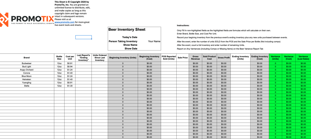 Events venue free beer inventory spreadsheet
