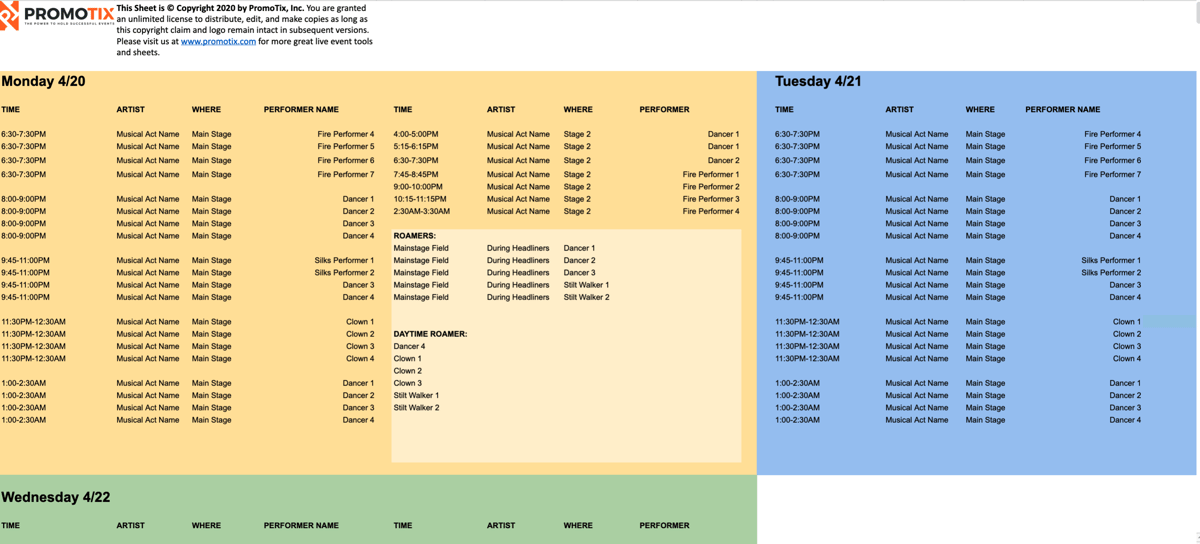 Free visual performers and dancers scheduling sheet