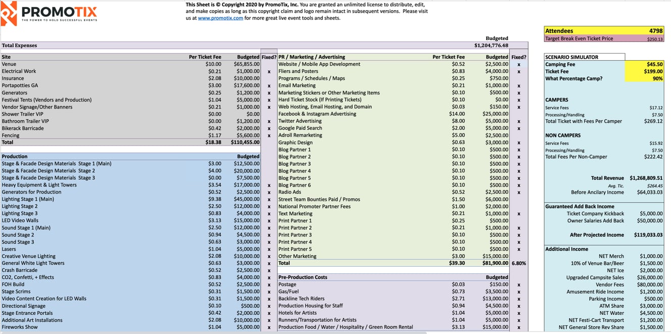 Free music festival master budgeting template